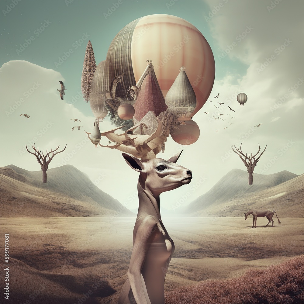 Surrealism. An island with a castle in the sea, fish fly. Surreal ...