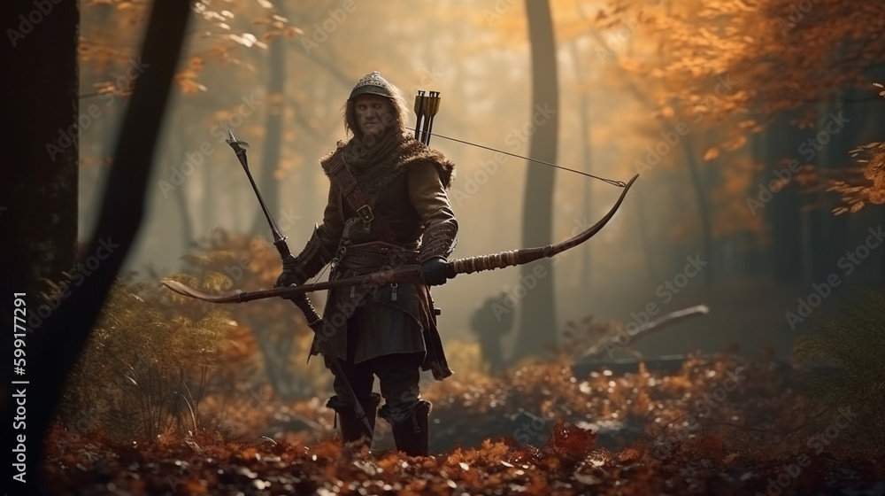 Archer in the forest with a bow and arrow in his hands.generative ai ...