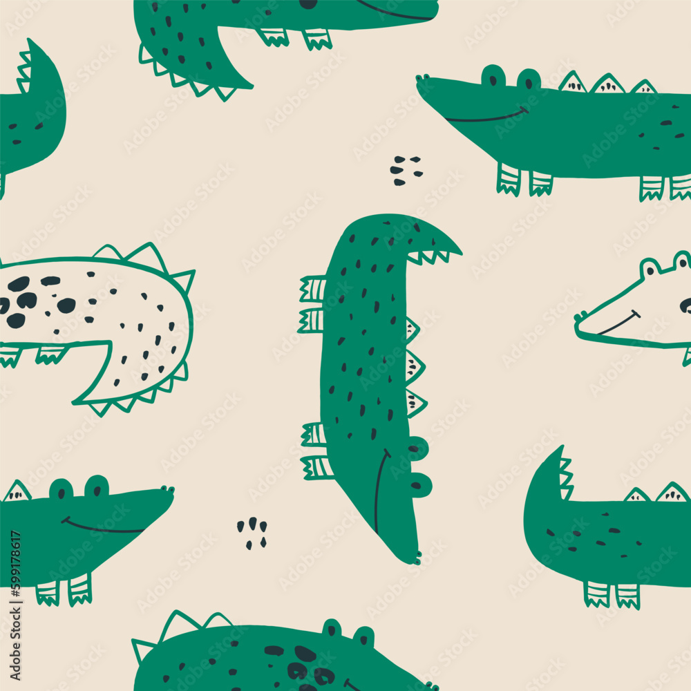 Seamless cartoon crocodile pattern. Kids funny green childish alligator ...