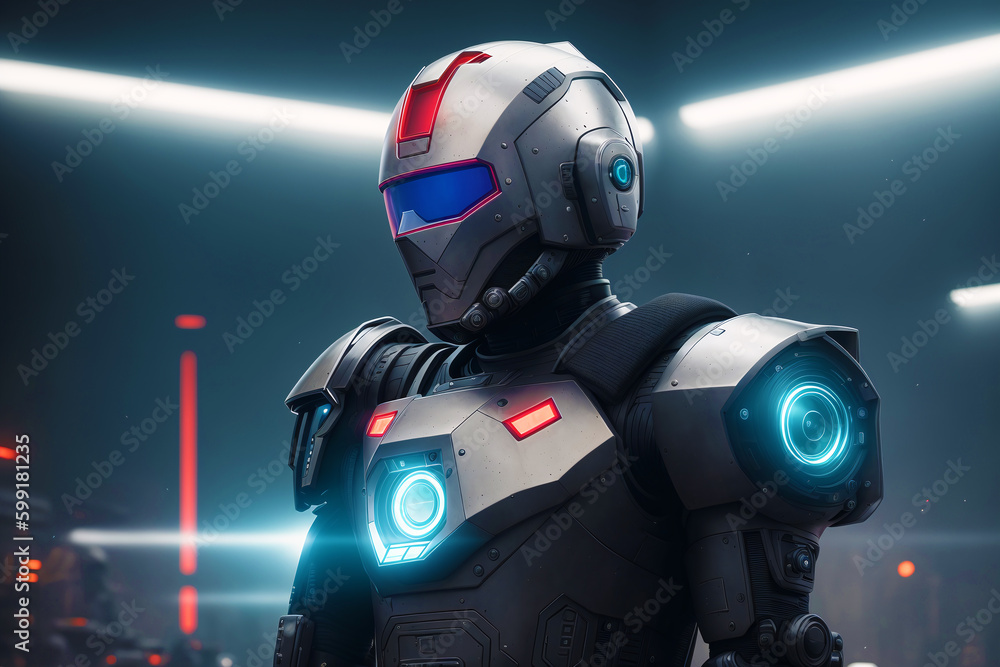 Close up of a robot standing on the background of a futuristic city ...