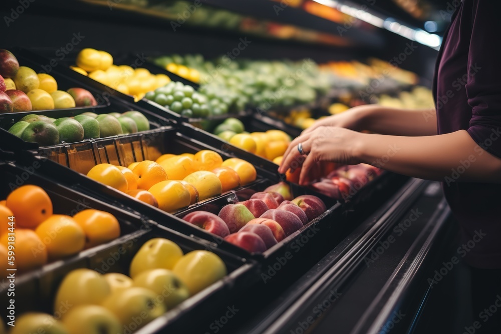 Vegetables and fruits on shelf in supermarket, one hands pick up fruit ...