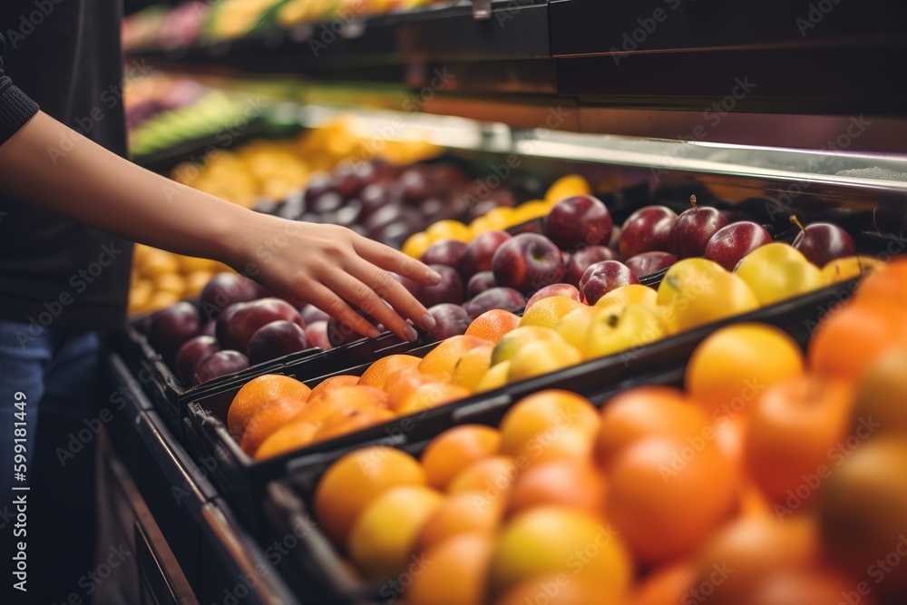 Vegetables and fruits on shelf in supermarket, one hands pick up fruit ...