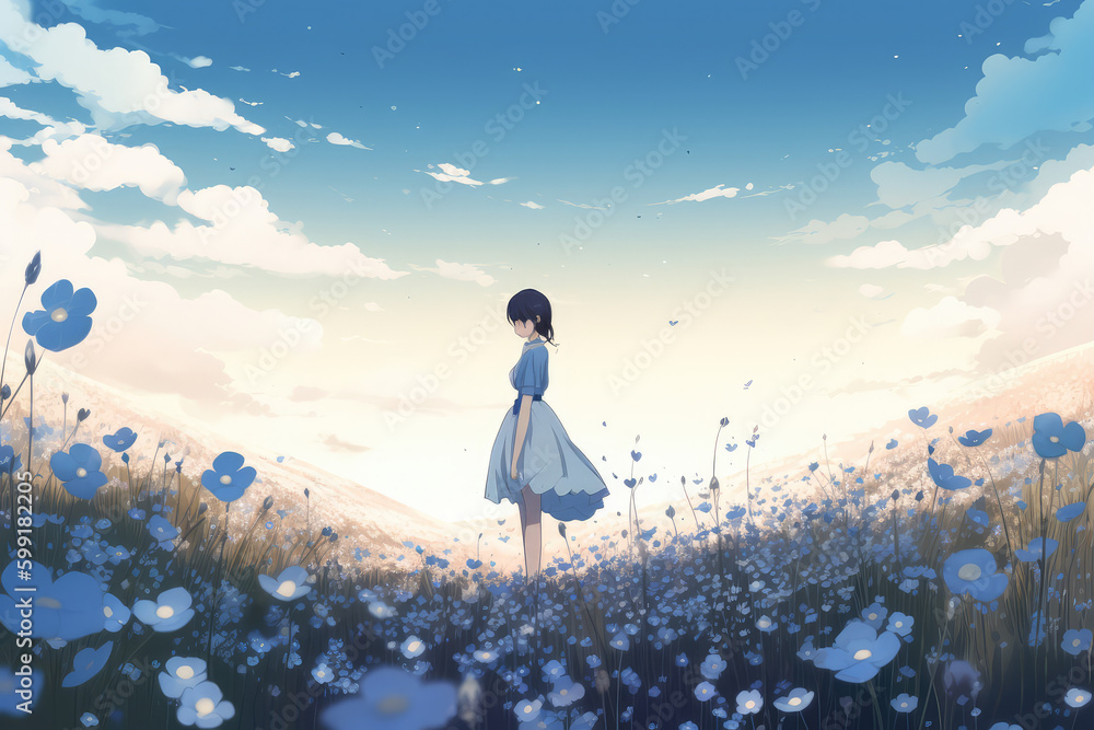 illustration in the style of anime featuring a field of blue nemophila ...