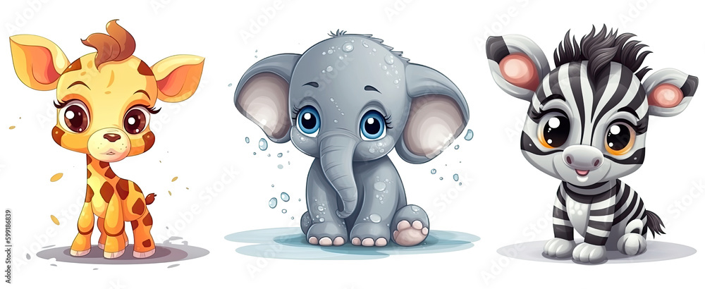 Cute Baby Animals, Elephant, Deer, Zebra. Generative AI Stock ...