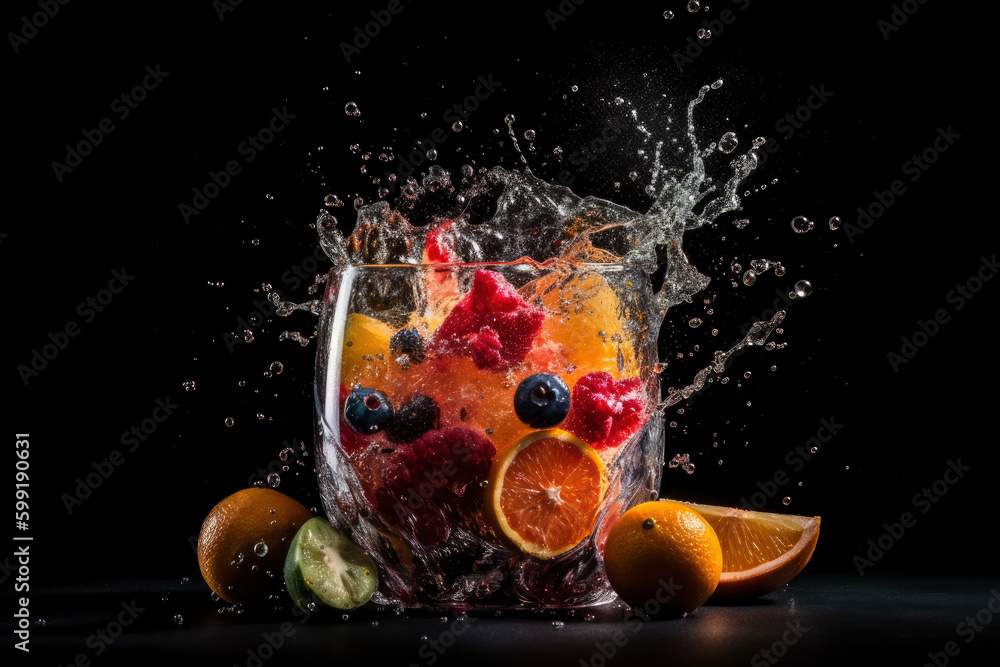 Refreshment fruit cocktail with orange, raspberry, blueberry, lime and ...