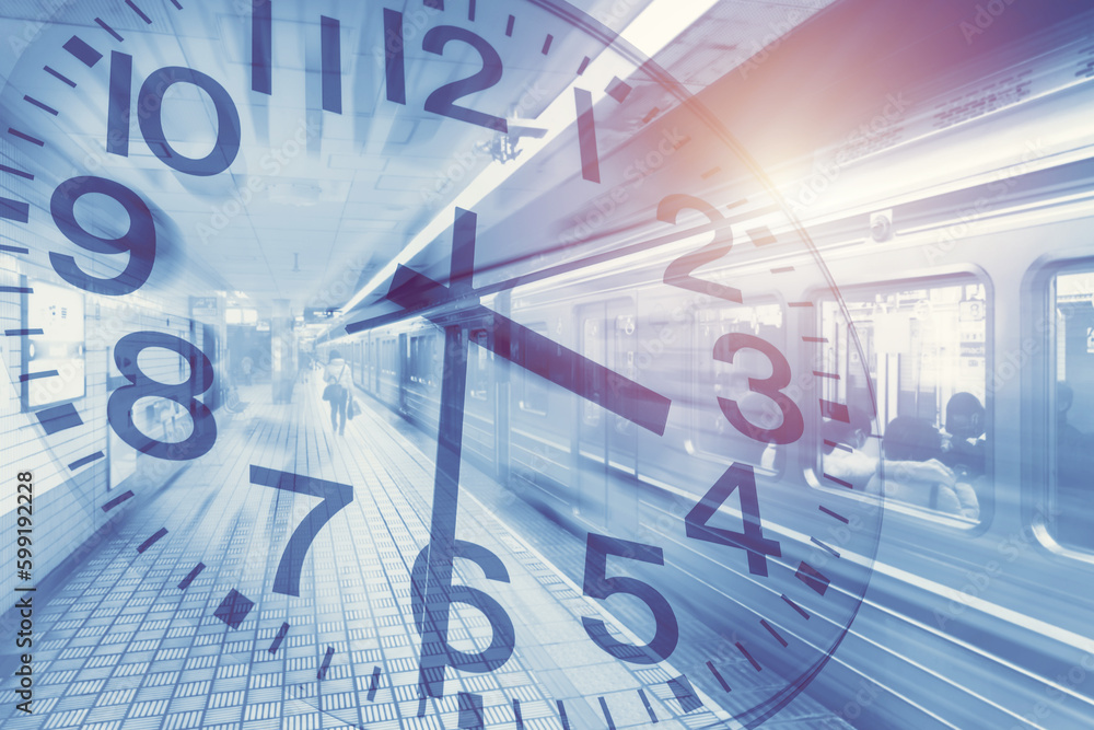 fast speed motion underground subway train overlay time clock for city ...
