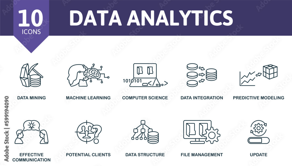 Data Analytics Outline Set Creative Icons Data Minig Machine Learning Computer Science Data