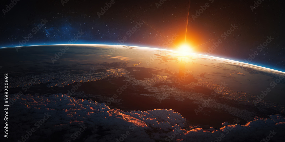 Generative AI image of planet earth orbit on rising sun sunrise. View ...