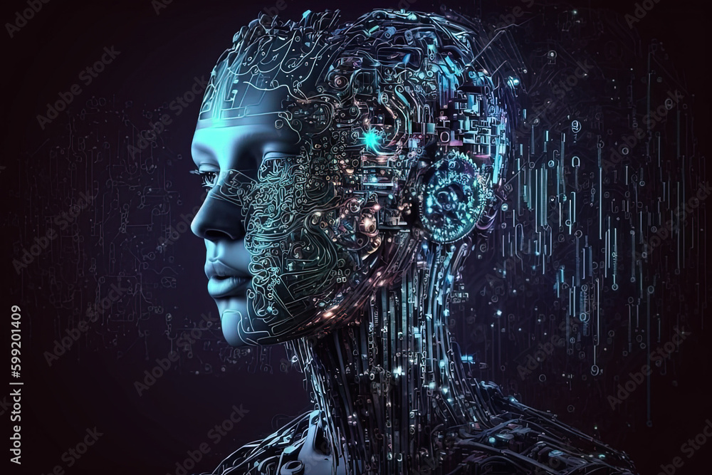 Side view of a humanoid head with blue and yellow eyes and vibrant neon ...