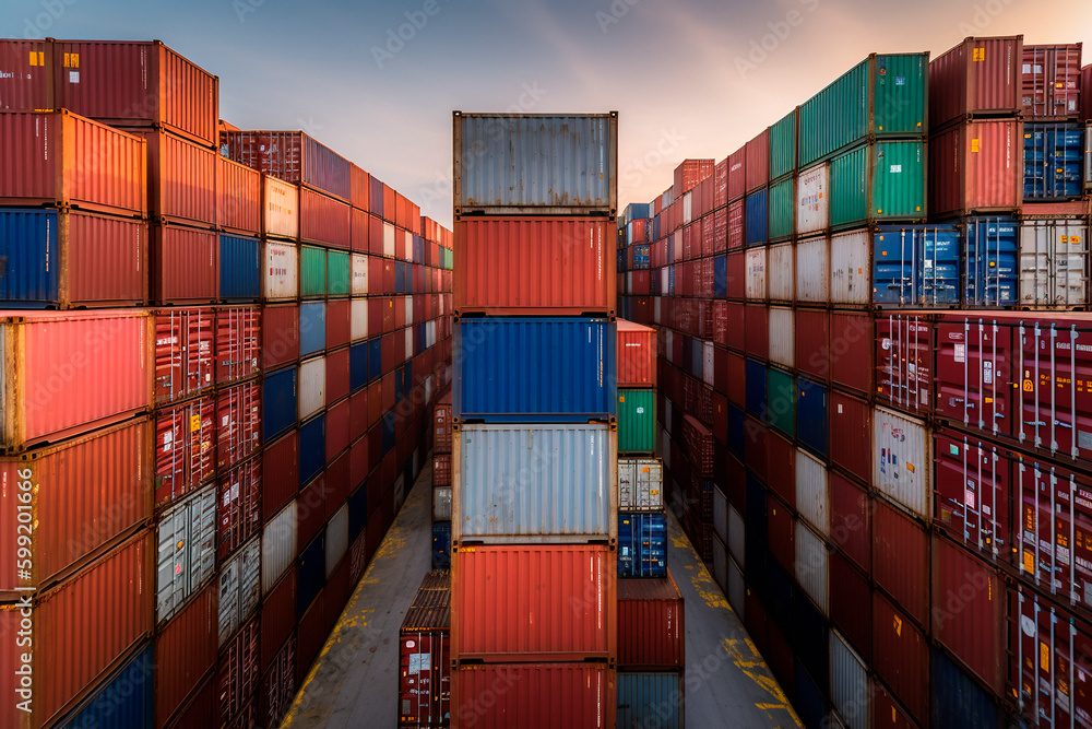 Stack of shipping containers, industrial import and export background ...