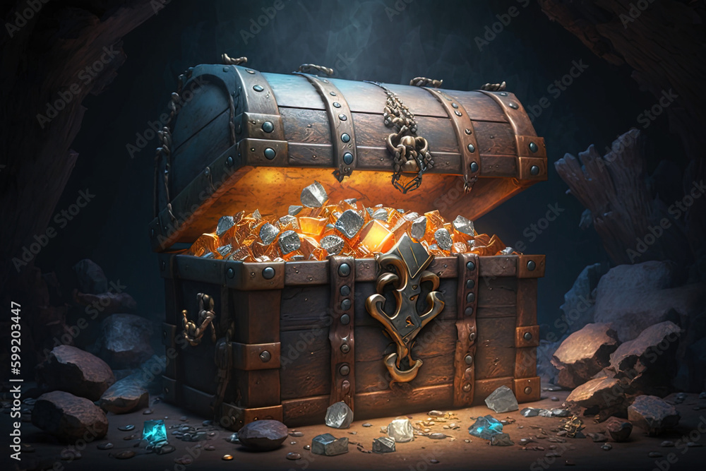 treasure chest in cave, Pirate treasure chest in a cave, opened ...