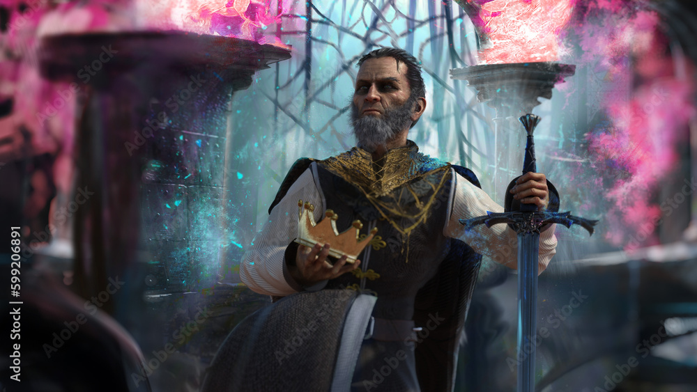 The old king in golden robes is leaning on one knee and a sword ...