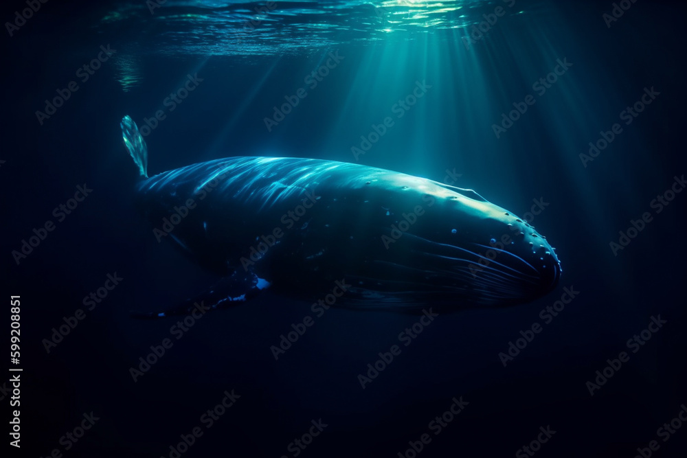 Blue Whale, Majestic Creature of the Ocean, swimming in the ocean with ...