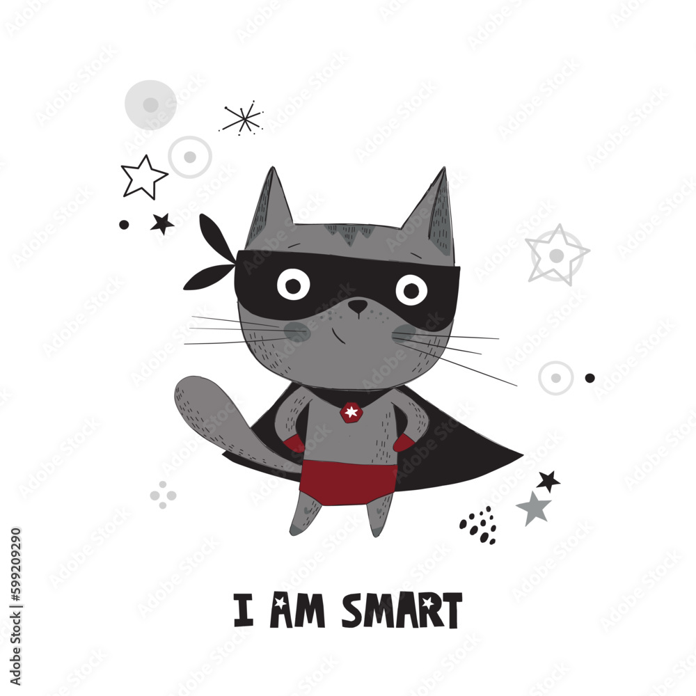 Superhero Cat animal character wearing comic costume, hand drawn style ...