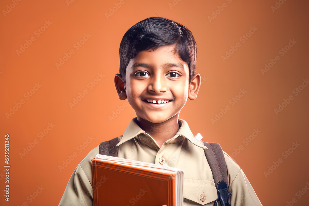Cheerful young Indian boy with a bright smile, holding a textbook and ...