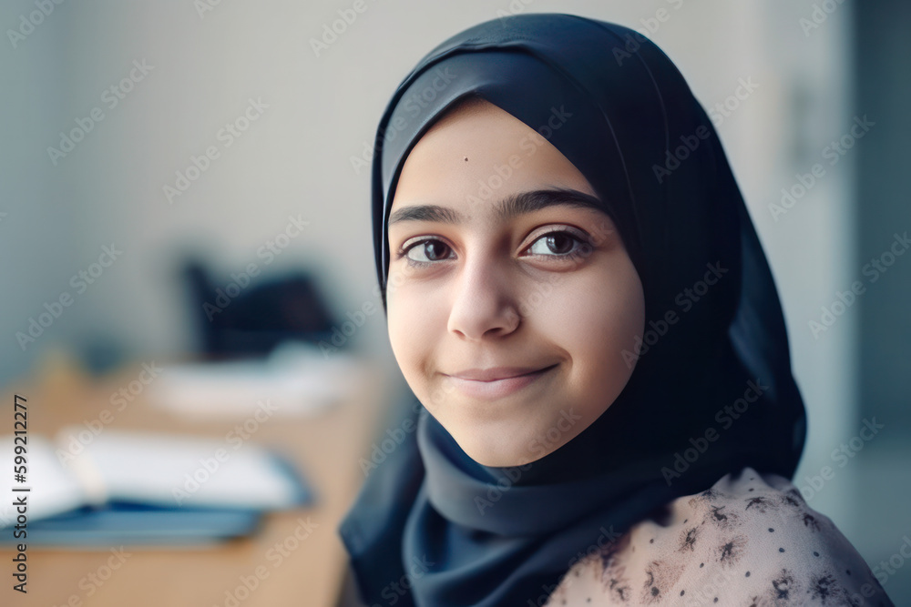Portrait of a smiling young Muslim Arab girl wearing hijab, with a book ...