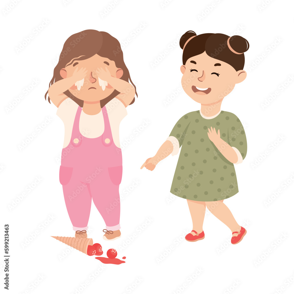 Girl mocking her classmate. Girl in glasses getting bullied by another ...