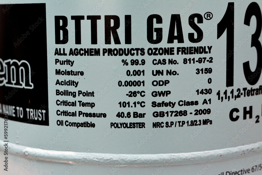 Cairo, Egypt, May 2 2023: BTTRI GAS R -134a Freon , a colorless gas at ...