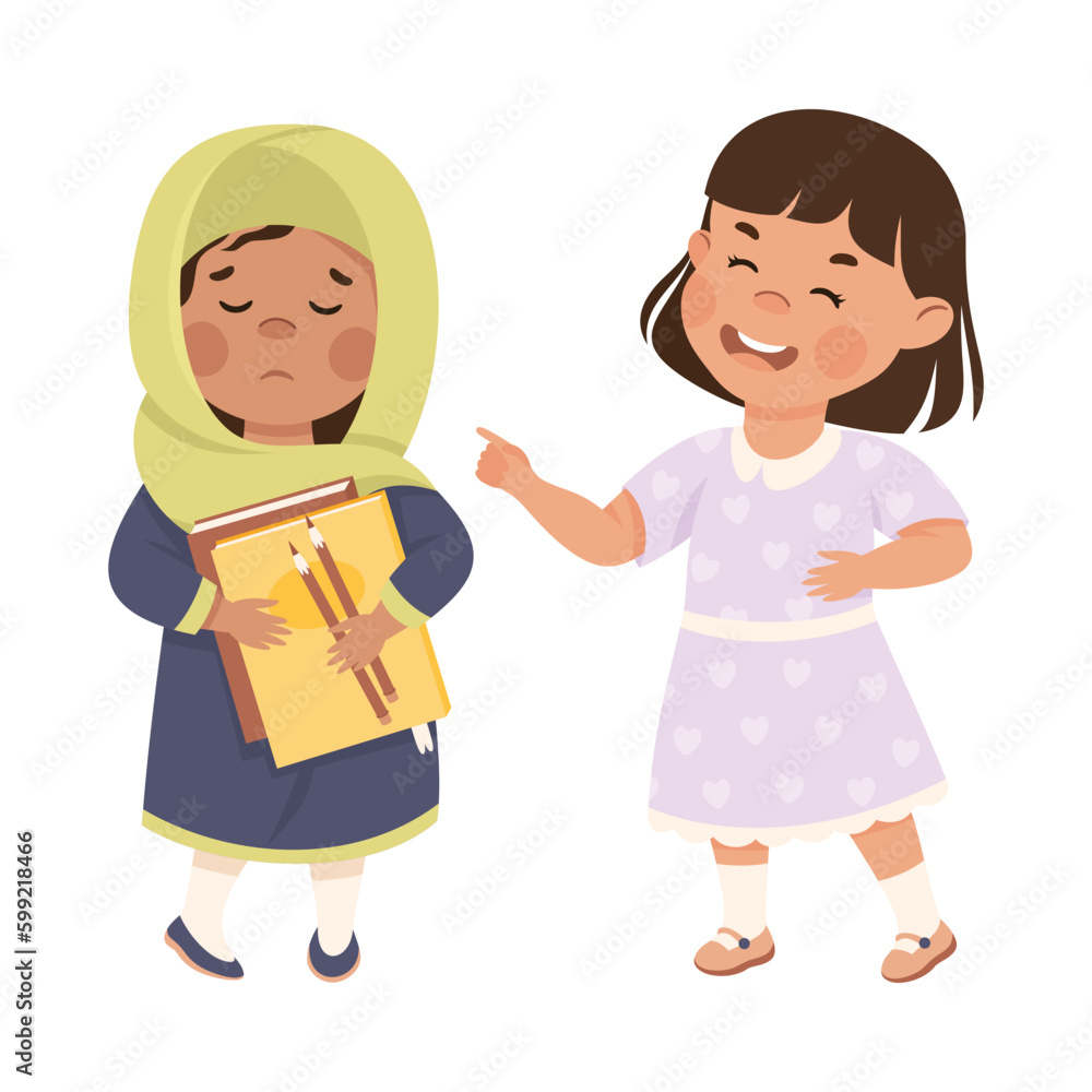 Bully girl mocking at her classmate in hijab. Bad manners, conflict at ...