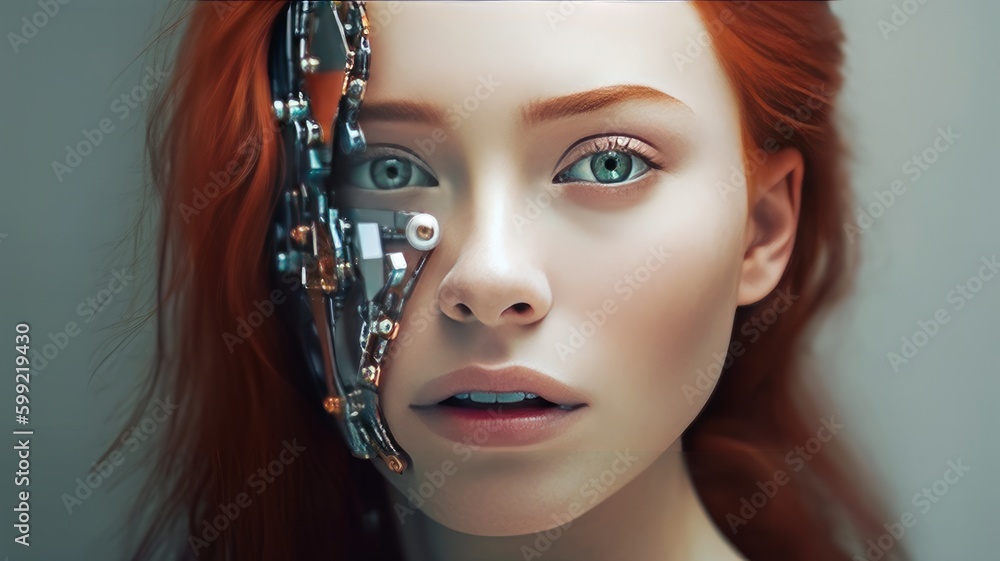Portrait of a young girl with red hair, half with the face of a robot ...