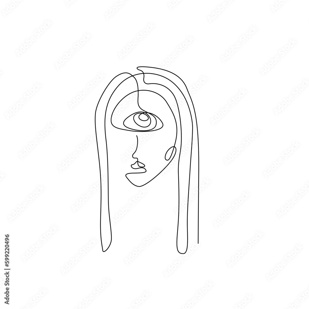 Abstract female face with one eye silhouette. One line art. isolated ...