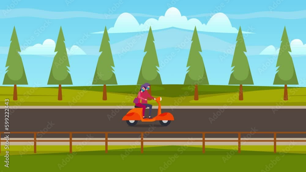 Loop animation of Young couple riding a scooter with pine tree ...