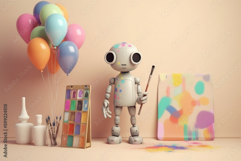 Cute android robot holding paint brush. Concept for creative drawing ...