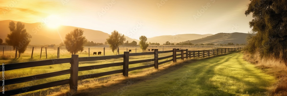 Golden Dawn at the Ranch: A Rustic Sunrise Landscape Stock Illustration ...
