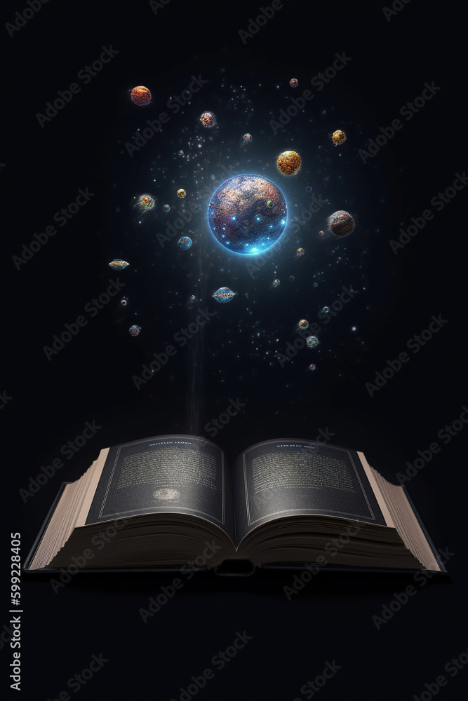 Open magic book with planets and galaxies levitation on black ...