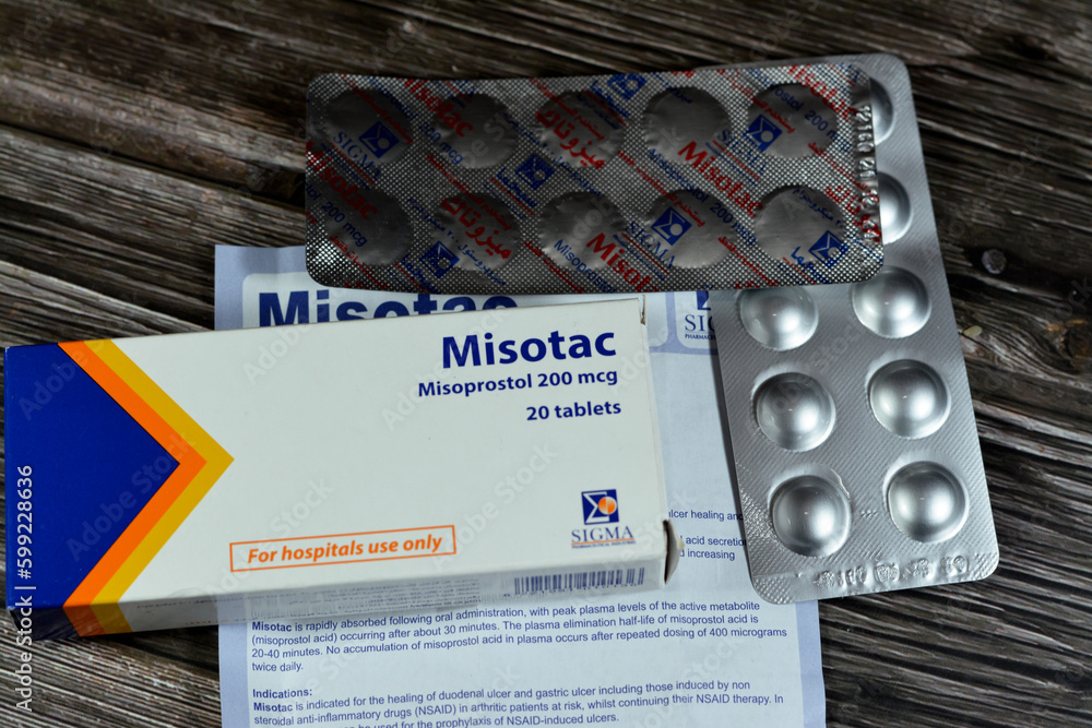 Cairo, Egypt, May 3 2023: Misotac 200 mcg tablets by Sigma for hospital ...