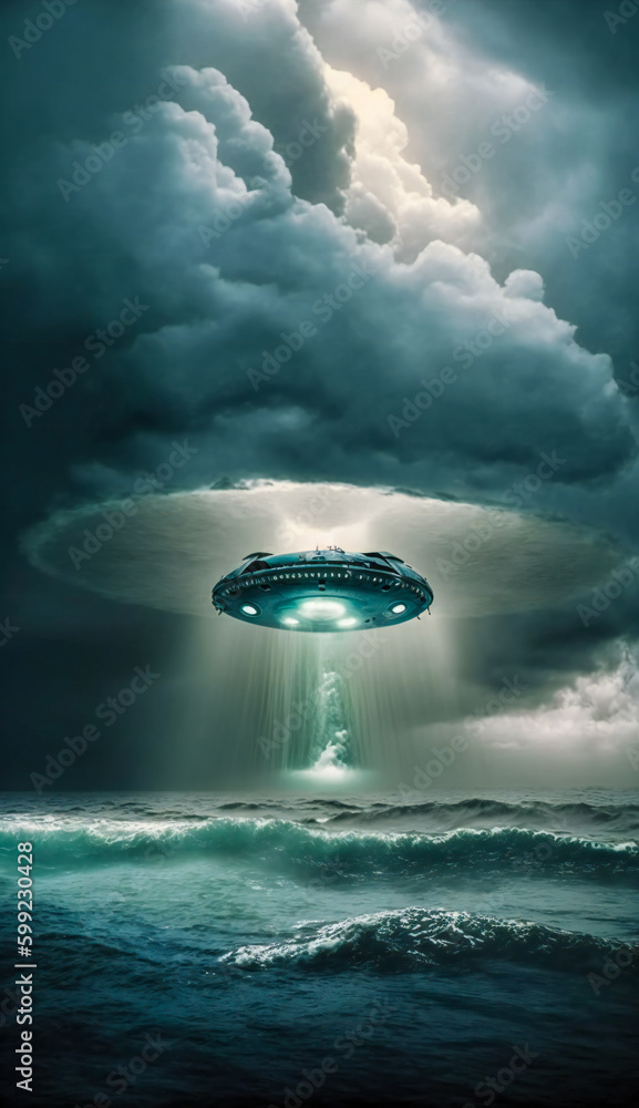 UFO takeoff from the ocean. Created with Generative AI technology ...