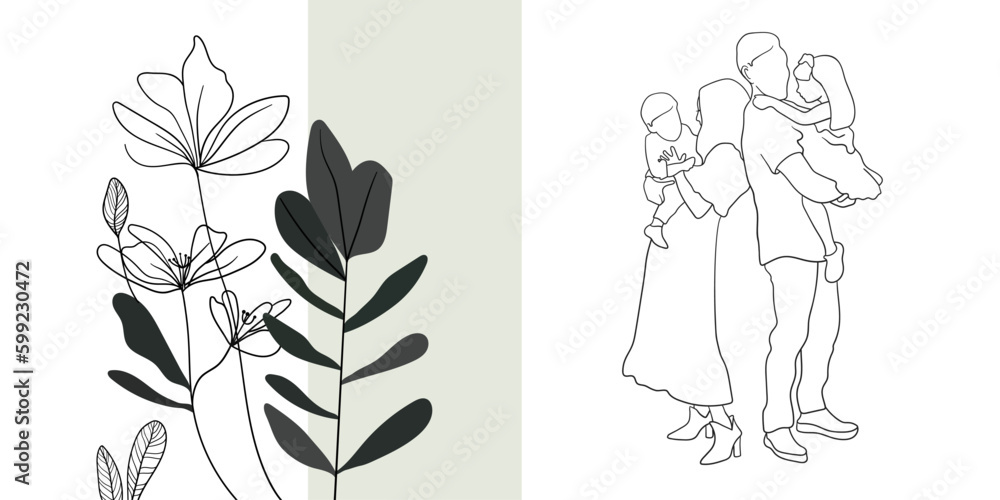 Abstract floral family line art on white background. Modern green shape ...