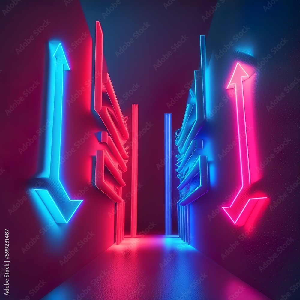 3d render, abstract panoramic red blue pink neon background with arrows ...