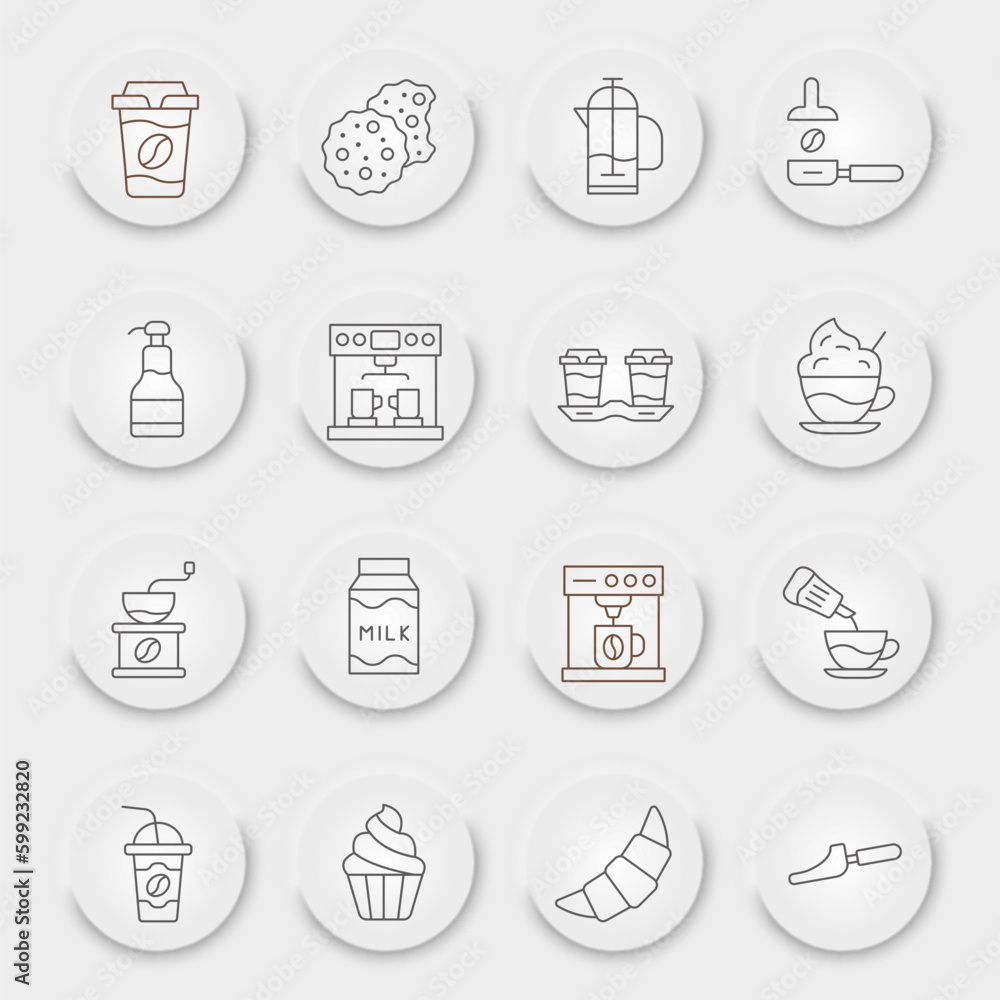 Coffee line icon set, cafe symbols collection, vector sketches, neumorphic UI UX buttons ...
