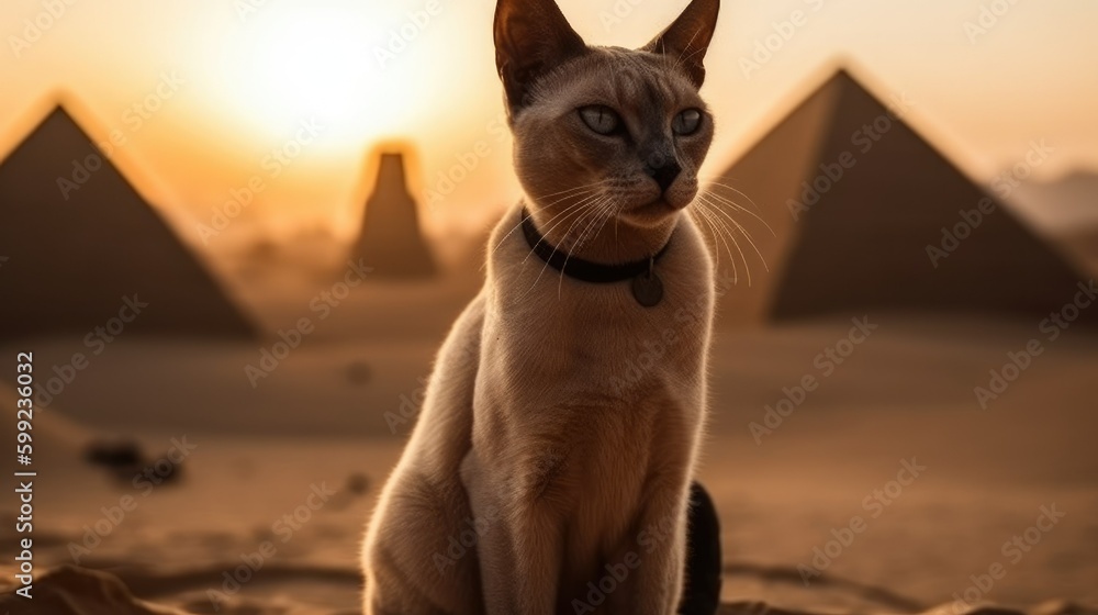 Siamese cat in front of egyptian pyramids in the desert, generative AI ...
