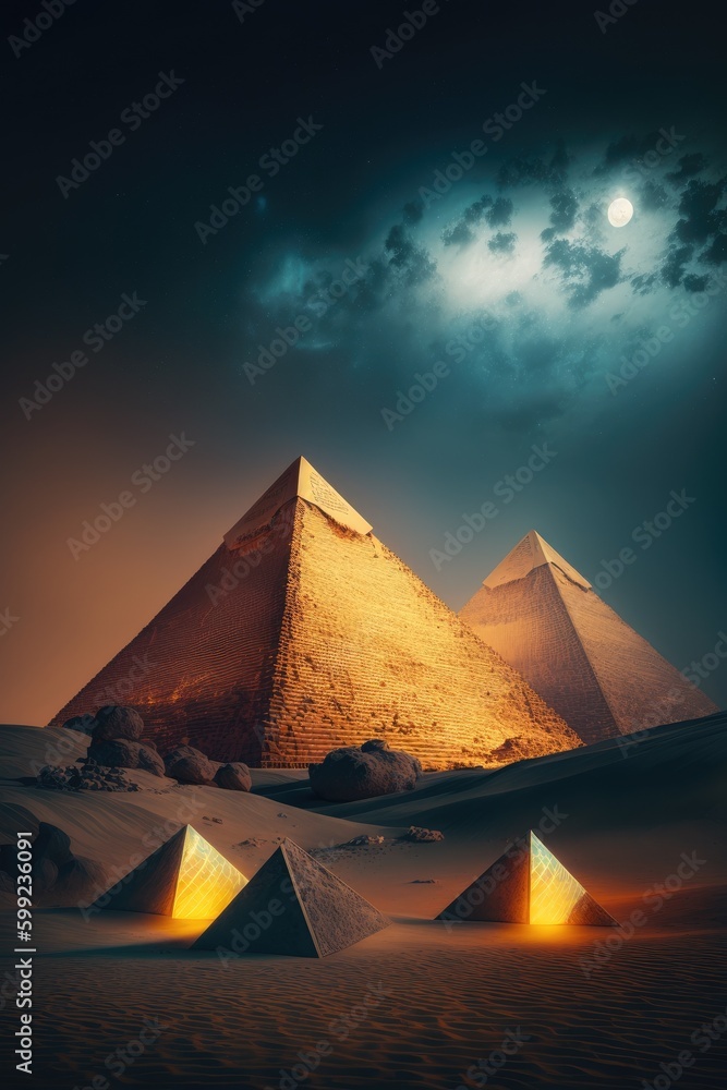 Light effects and egyptian pyramids at night. Futuristic background ...