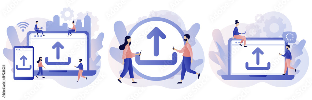 Upload symbol. Load sign. Tiny people uploading data, files. Data ...