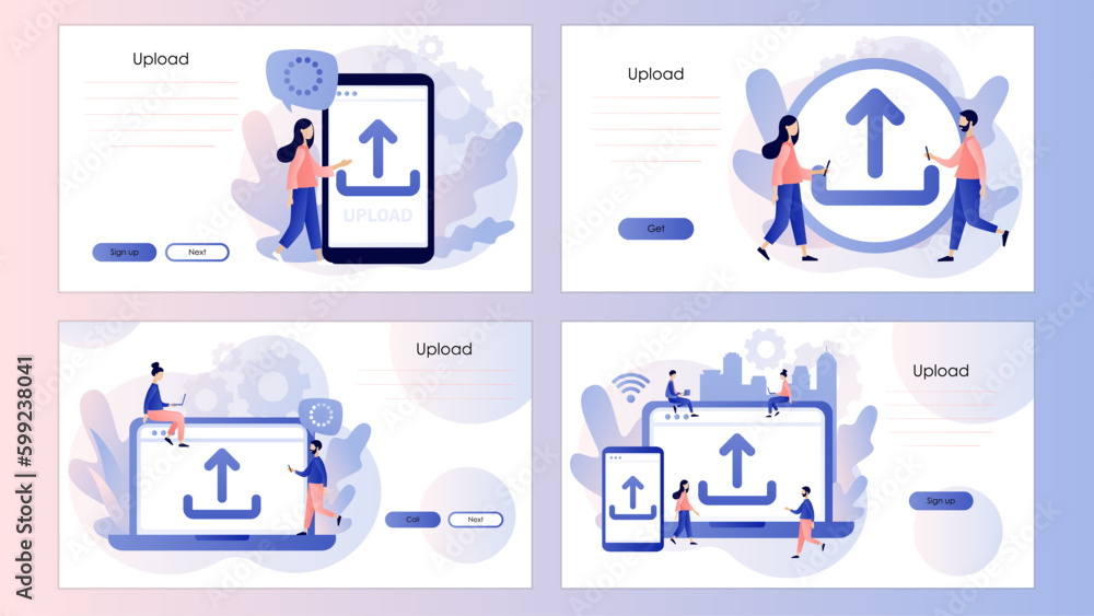 Upload symbol. Load sign. Tiny people uploading data, files. Data exchange concept. Screen ...