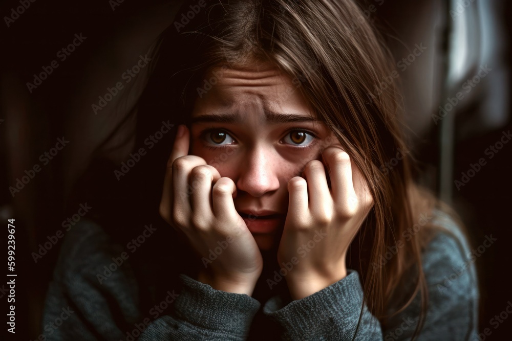 Young girl frightened, cowering in fear and crying, expressing ...