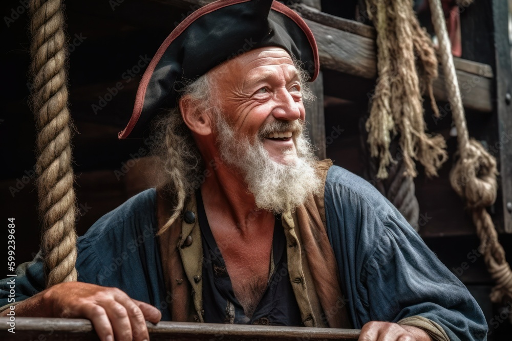 Candid photo of a joyful jolly pirate aboard his ship, laughing, happy ...