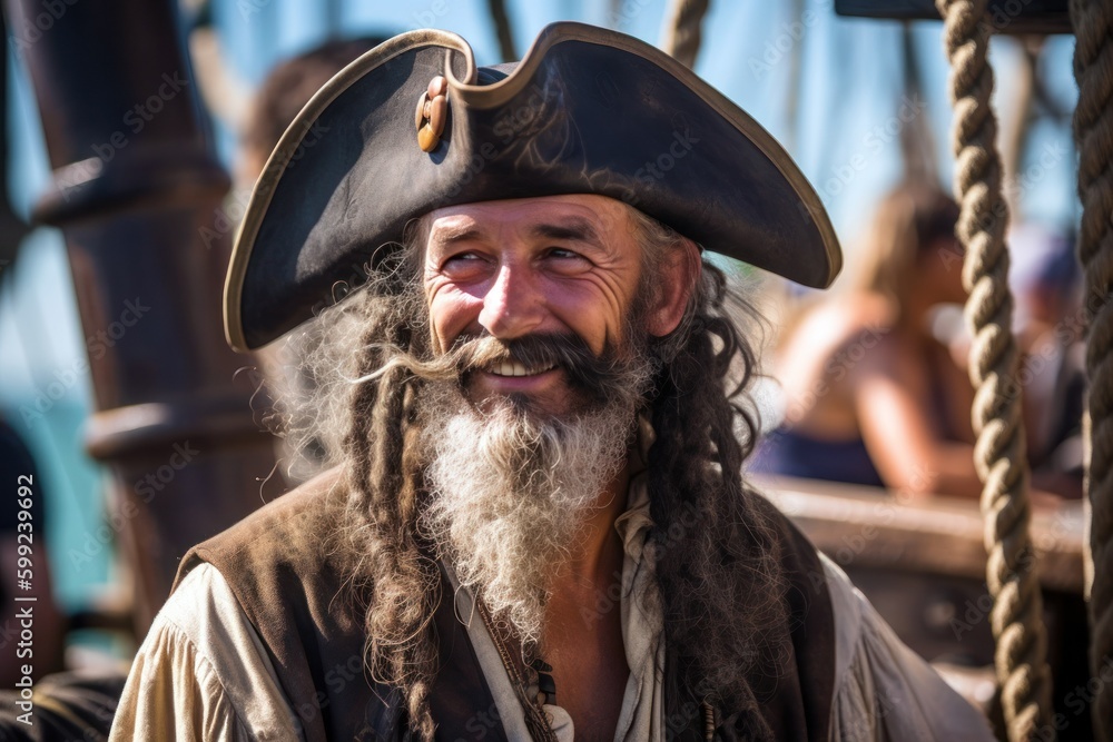 Candid photo of a joyful jolly pirate aboard his ship, laughing, happy ...