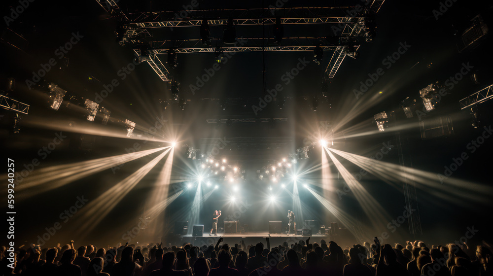 scène de concert vue du fond de la salle avec spots lumineux intense ...
