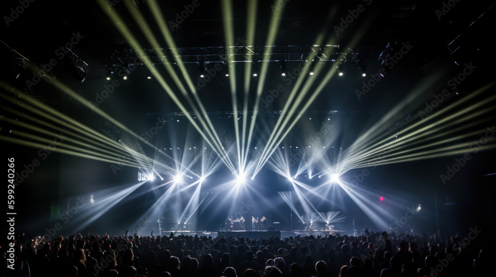 scène de concert vue du fond de la salle avec spots lumineux intense ...