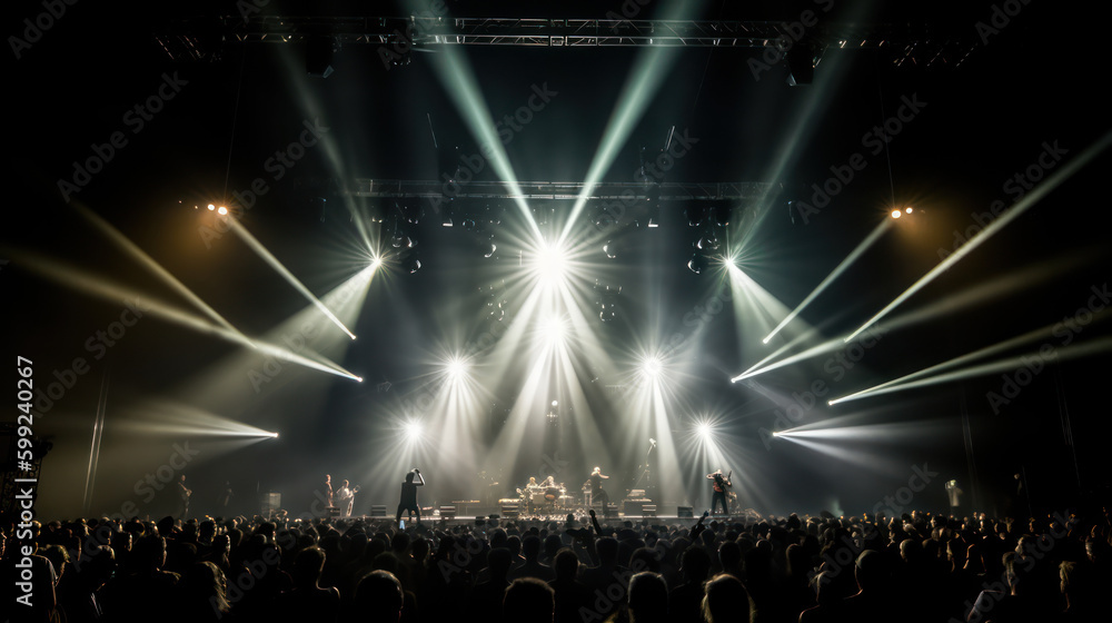 scène de concert vue du fond de la salle avec spots lumineux intense ...