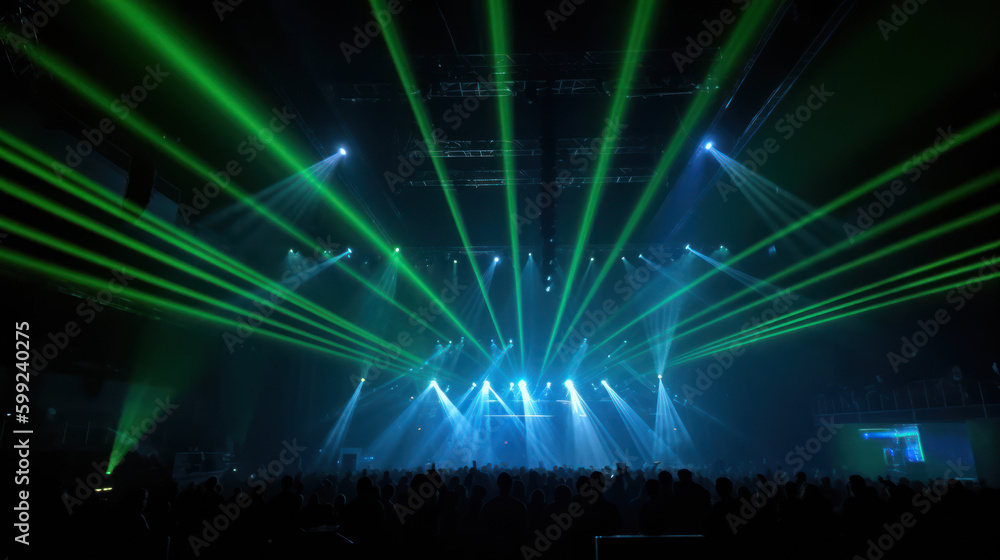 scène de concert vue du fond de la salle avec spots lumineux intense ...