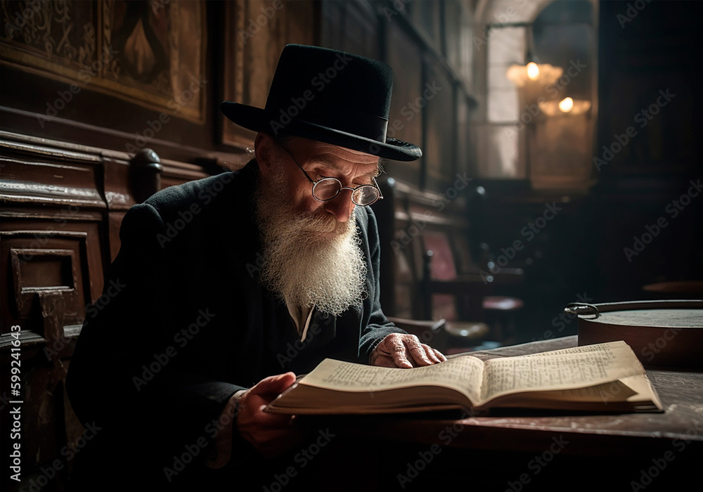Elderly man reading sacred texts of Judaism illuminated by a candle ...