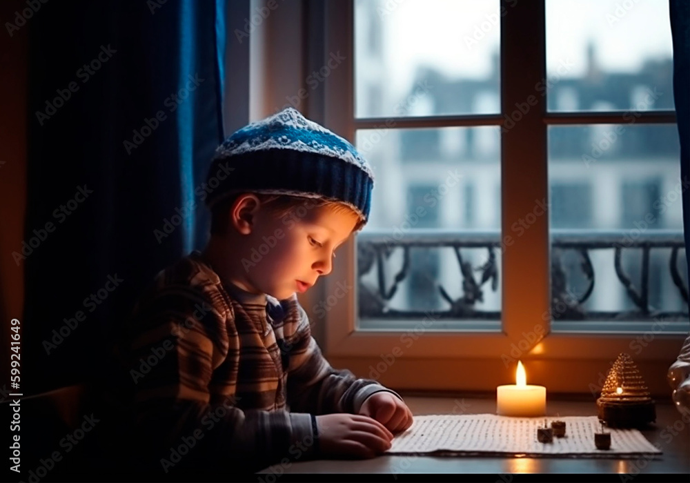Little boy reading sacred texts of Judaism, next to a window lit by a ...