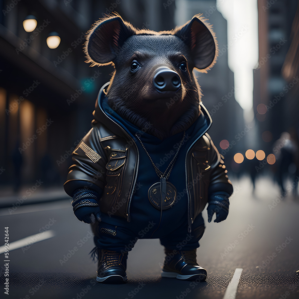 Pig zodiac sign. Cute kawaii tiny hyperrealistic boar in hip hop ...