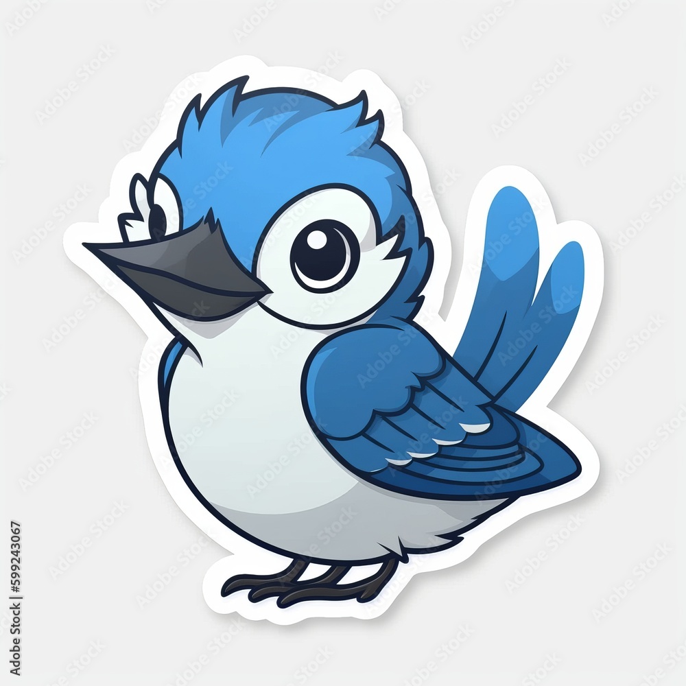 A delightful chibi Blue Jay sticker with a white background, capturing ...