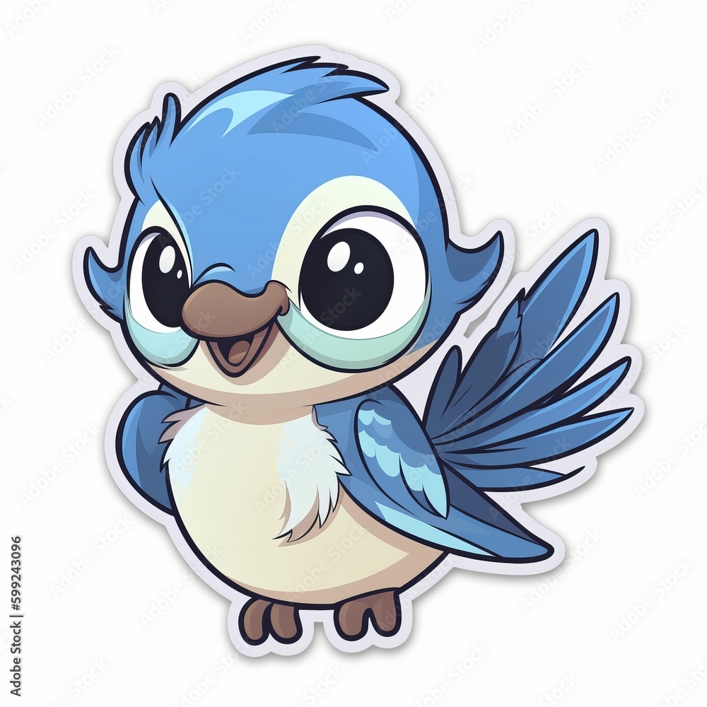 A playful and mischievous chibi Blue Jay sticker with a white ...